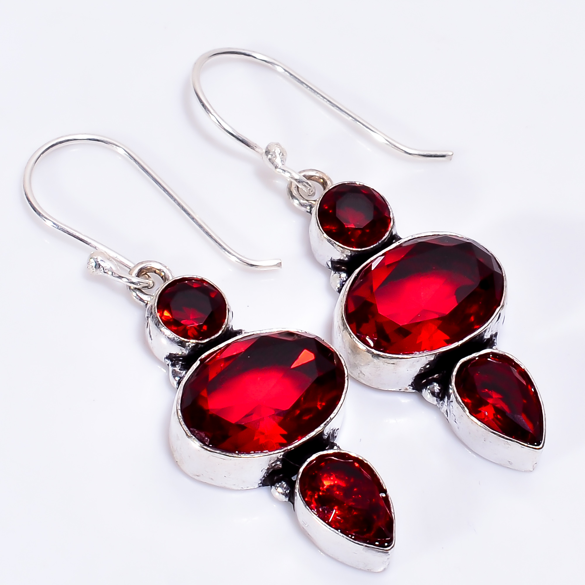Red Garnet Fashion Jewelry 925 Sterling Silver Dangle Earrings 2" ARE ...
